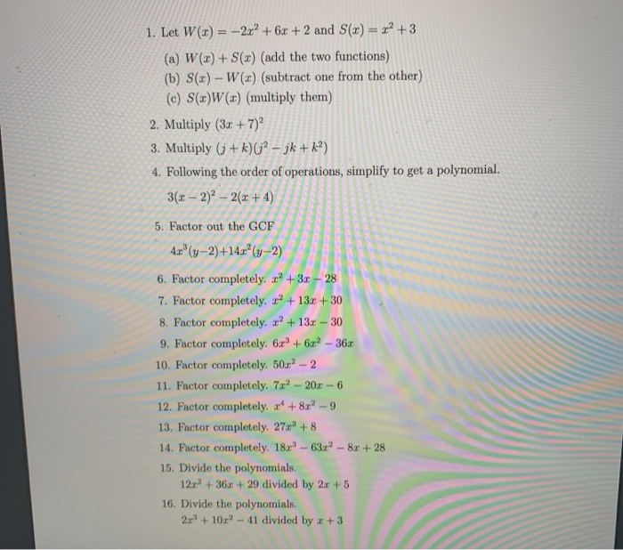 Solved 1. Let W(x) = -222 +66 +2 and S(x) = x2 +3 (a) W(x) + | Chegg.com Solved 1. Let W(x) = -222 +66 +2 and S(x) = x2 +3 (a) W(x) + | Chegg.com