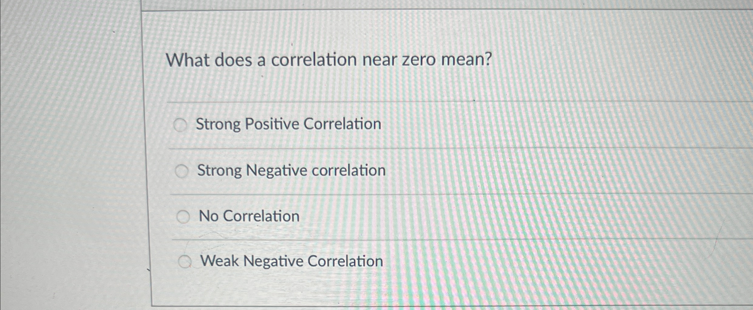 What does a correlation near zero mean?Strong | Chegg.com