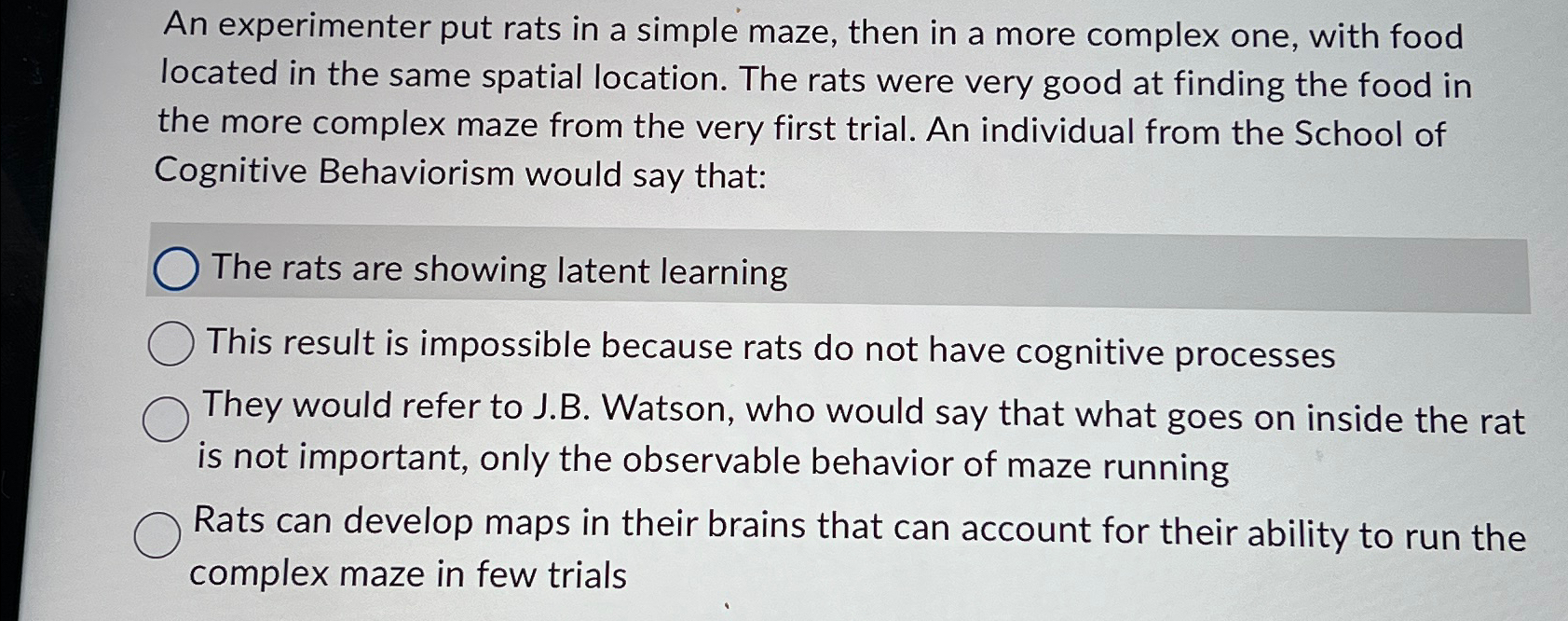 Solved An experimenter put rats in a simple maze, then in a | Chegg.com