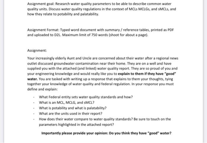 Solved Assignment goal: Research water quality parameters to | Chegg.com