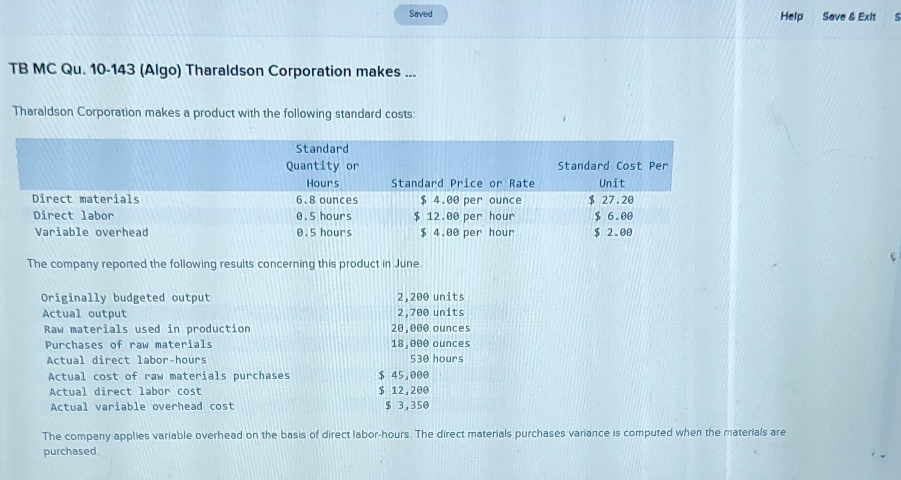 Solved TB MC Qu. 10-143 (Algo) Tharaldson Corporation makes | Chegg.com