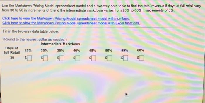 Solved Use the Markdown Pricing Model spreadsheet model and | Chegg.com