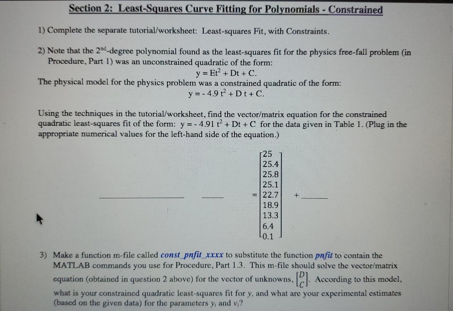 Section 2: Least-Squares Curve Fitting for | Chegg.com