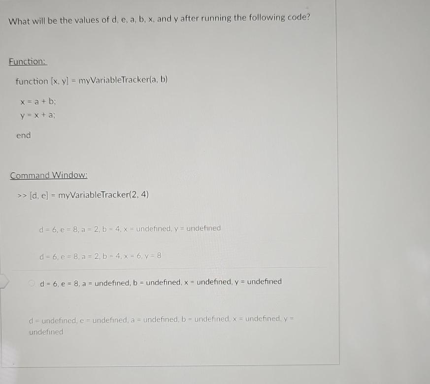 Solved What will be the values of d,e,a,b,x, ﻿and y ﻿after | Chegg.com
