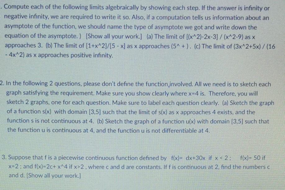 Solved . Compute each of the following limits algebraically | Chegg.com