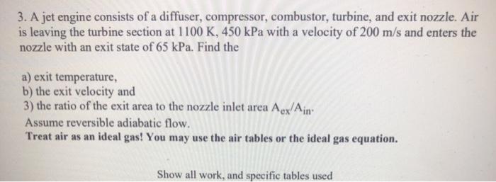 Solved 3. A jet engine consists of a diffuser, compressor, | Chegg.com