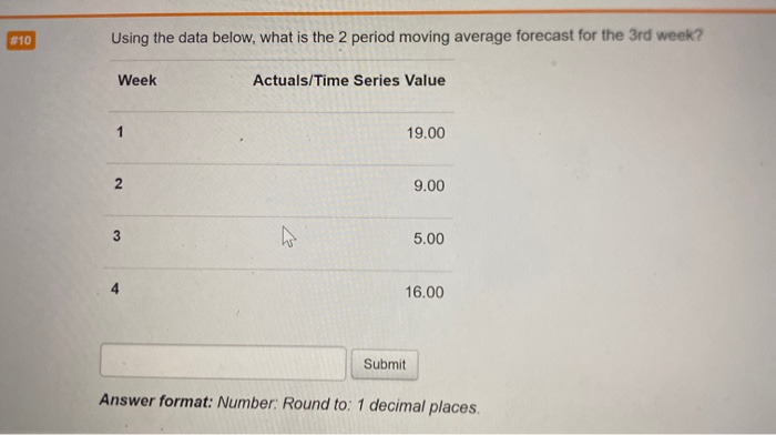 Solved #10 Using the data below, what is the 2 period moving | Chegg.com