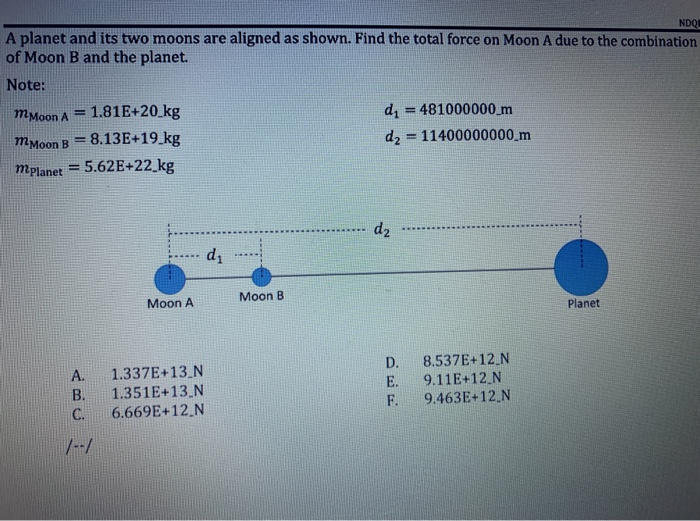 Solved 20. A planet and its two moons are aligned as shown. | Chegg.com