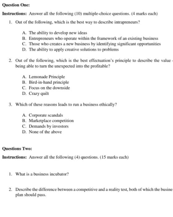 Solved Question One: Instructions: Answer all the following | Chegg.com