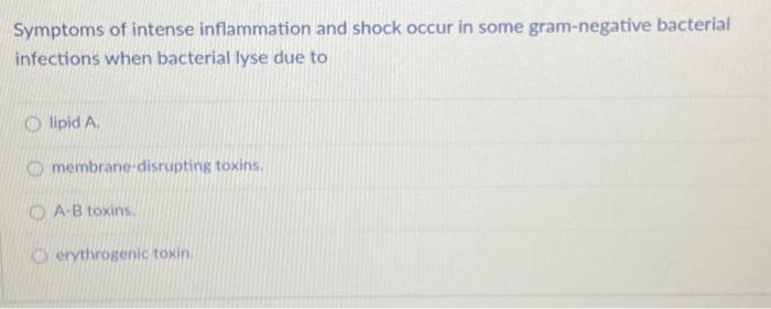 Solved Symptoms of intense inflammation and shock occur in | Chegg.com