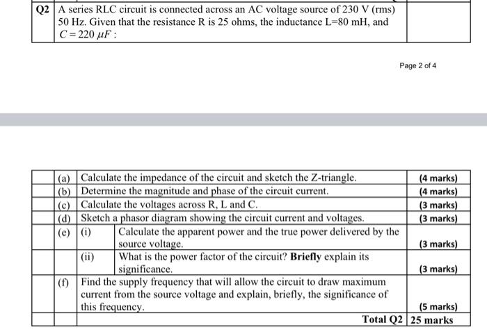 Solved Q2 A series RLC circuit is connected across an AC | Chegg.com