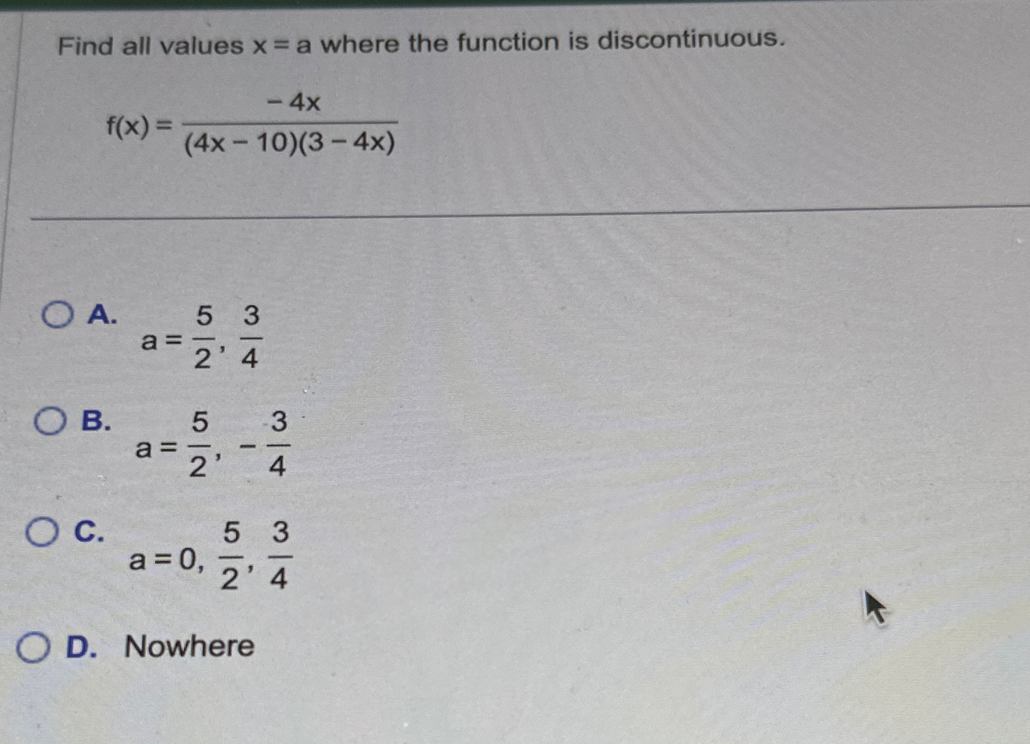 Solved Find all values x=a where the function is | Chegg.com