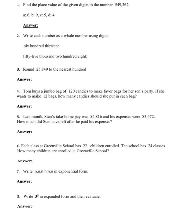 Solved 1. Find the place value of the given digits in the | Chegg.com