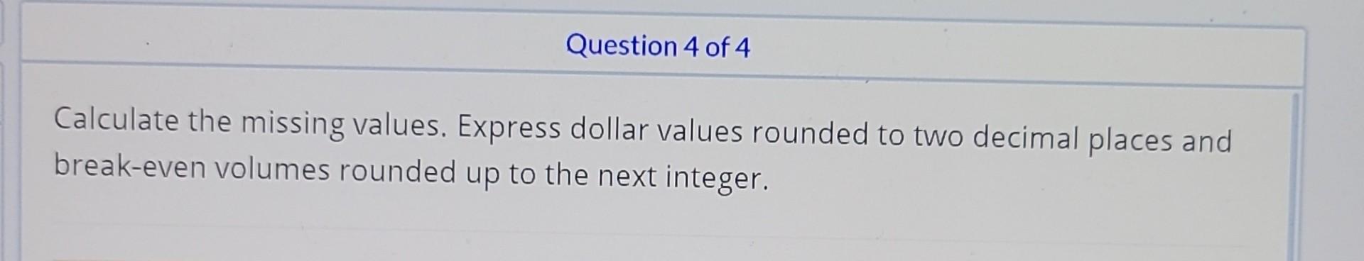 Solved Calculate the missing values. Express dollar values | Chegg.com