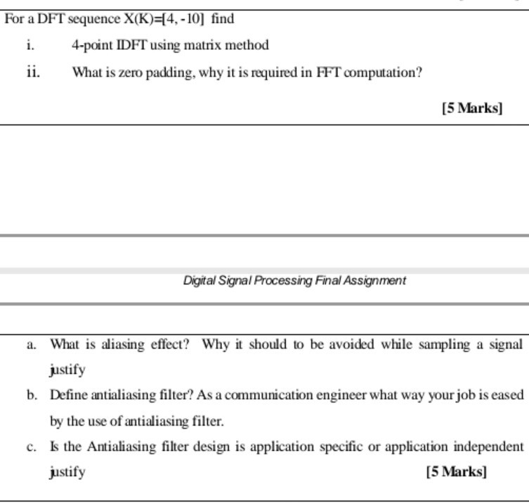 Solved For a DFT sequence X(K)=(4, -10] find i. 4-point IDFT | Chegg.com