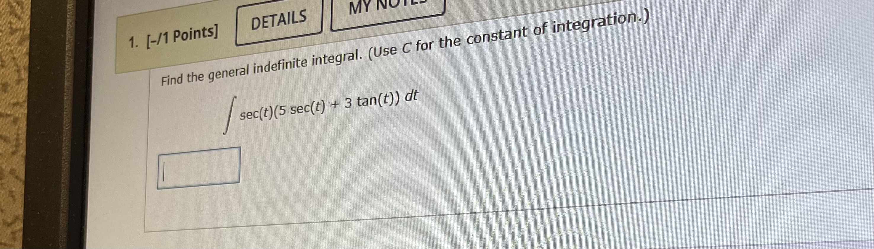 Solved [-/1 ﻿Points]DETAILSMYNUTLFind the general indefinite | Chegg.com