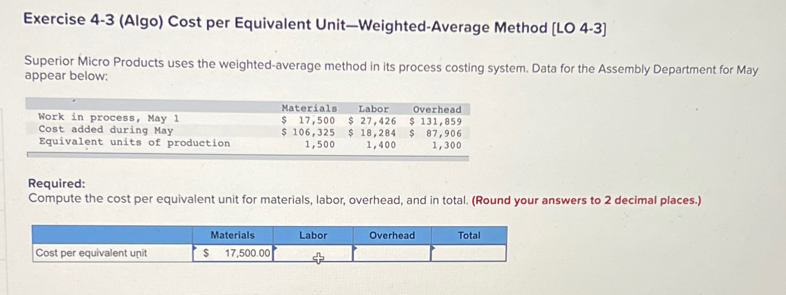 Solved Exercise 4-3 (Algo) ﻿Cost per Equivalent | Chegg.com