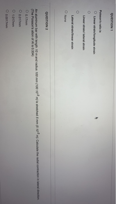 Solved QUESTION 1 Poisson's ratio is Linear strain/longitude | Chegg.com
