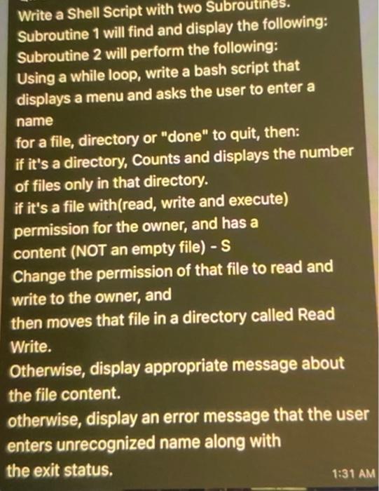 Solved Write a Shell Script with two Subrou Subroutine 1 | Chegg.com