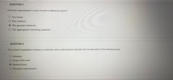 Solved QUESTION 1 A first-tier subcontractor's scope of work | Chegg.com
