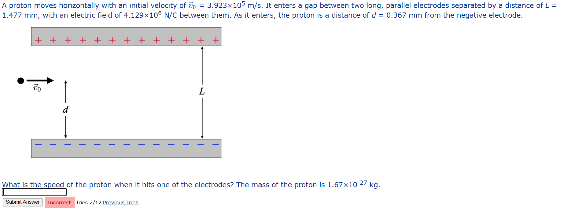 Solved A proton moves horizontally with an ﻿initial velocity | Chegg.com