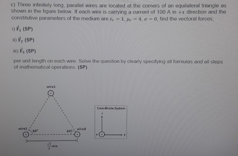 Solved c) Three infinitely long, parallel wires are located | Chegg.com
