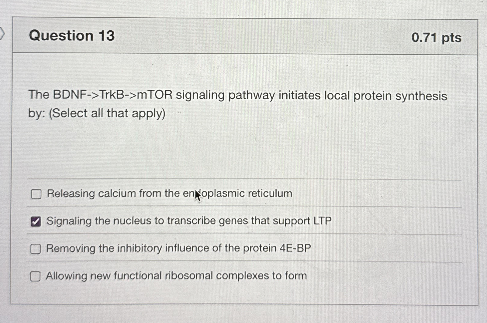 Solved Question 13The BDNF->TrkB->mTOR signaling pathway | Chegg.com