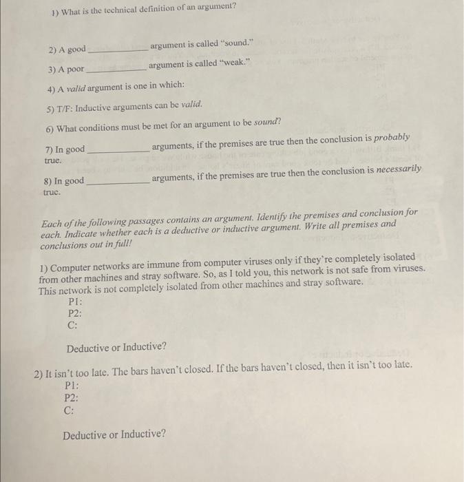 1) What is the technical definition of an argument? | Chegg.com