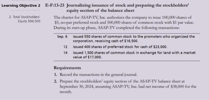 Solved F:13-23 Journalizing issuance of stock and preparing | Chegg.com