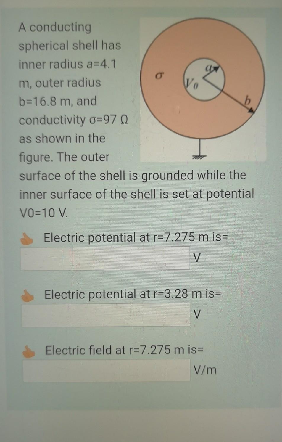 Solved A conducting spherical shell has inner radius a=4.1 | Chegg.com