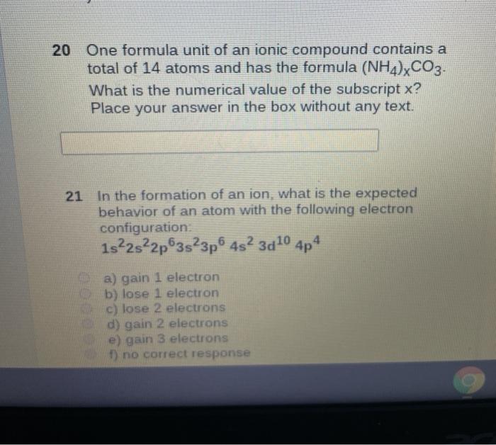 Solved 20 One formula unit of an ionic compound contains a | Chegg.com