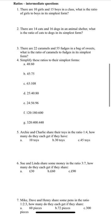Solved Ratios - intermediate questions 1. There are 10 girls | Chegg.com