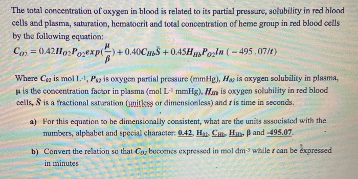 Solved The total concentration of oxygen in blood is related | Chegg.com