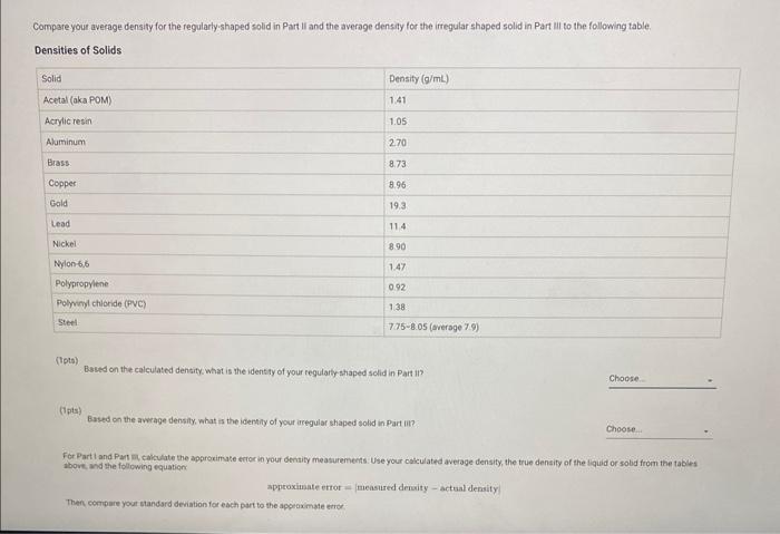 Compare your aveeage density for the regularly-shaped | Chegg.com