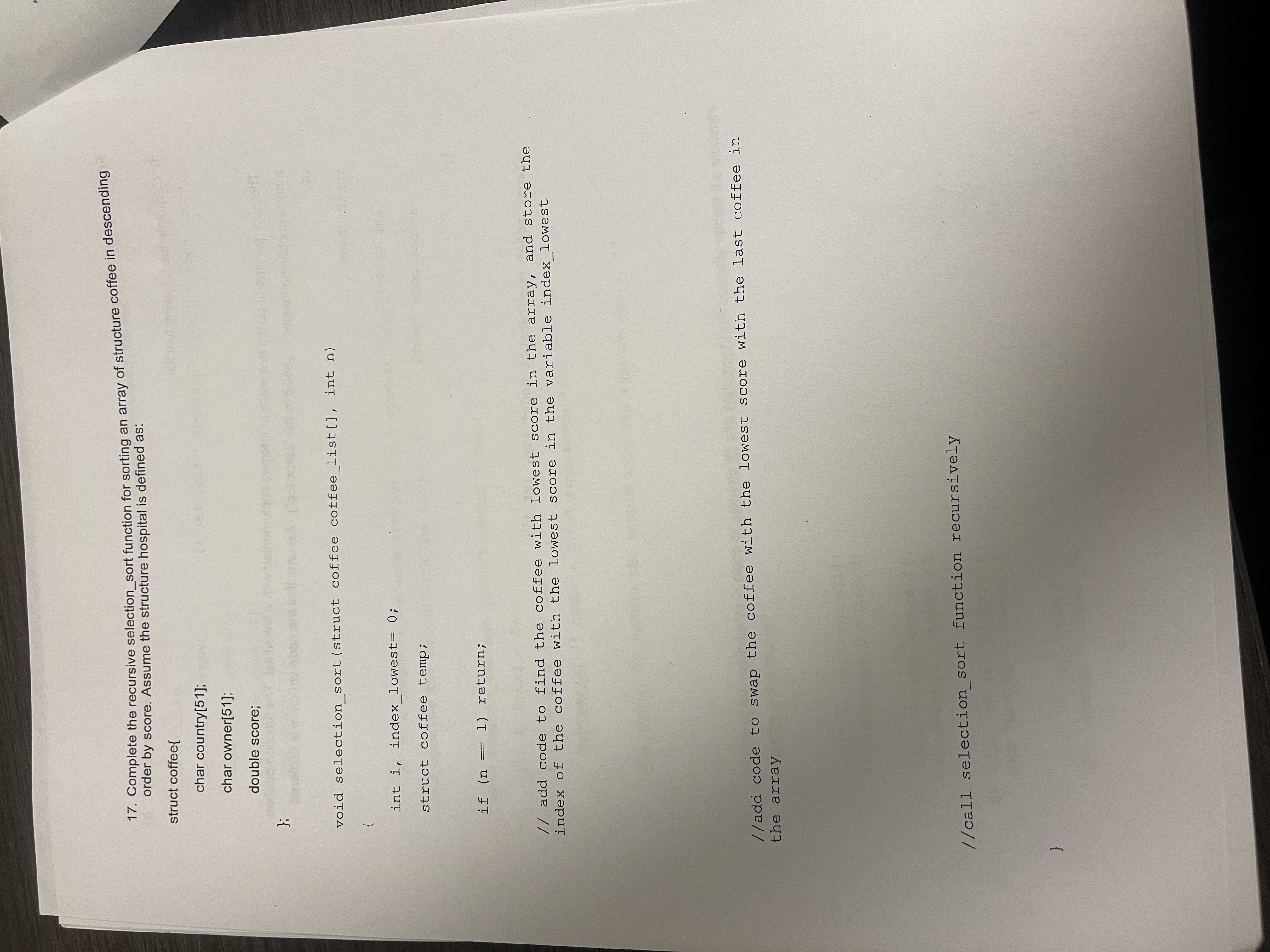 Solved Complete the In C recursive selection_sort function | Chegg.com