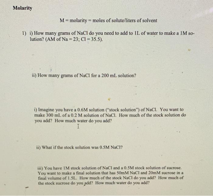 Solved Molarity M=molarity = moles of solute/liters of | Chegg.com