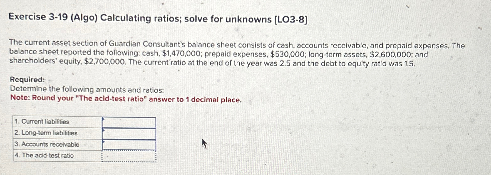 Solved Exercise 3-19 (Algo) Calculating ratios; solve for | Chegg.com Solved Exercise 3-19 (Algo) Calculating ratios; solve for | Chegg.com