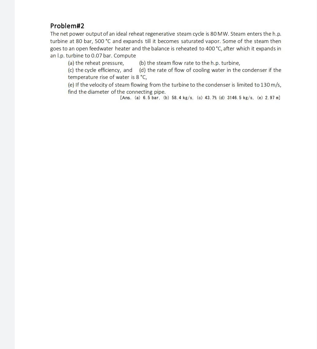 Solved Problem\#2 The net power output of an ideal reheat | Chegg.com