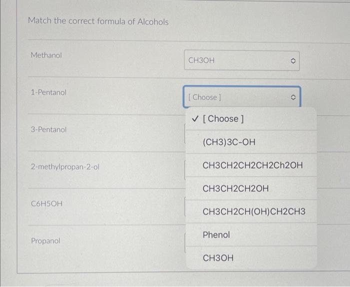 Solved Match the correct formula of Alcohols Methanol | Chegg.com