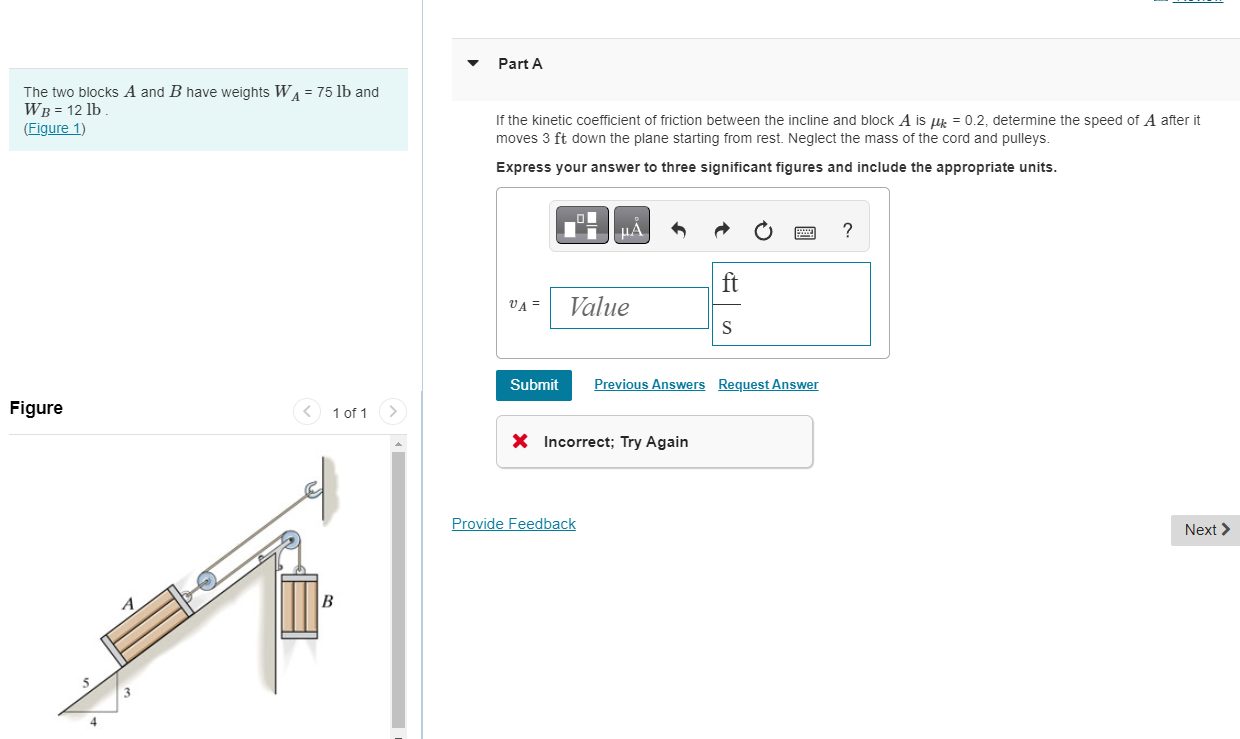 Solved Part AThe two blocks A and B ﻿have weights WA=75lb | Chegg.com