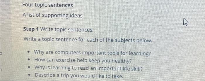 Solved Four topic sentences A list of supporting ideas Step | Chegg.com