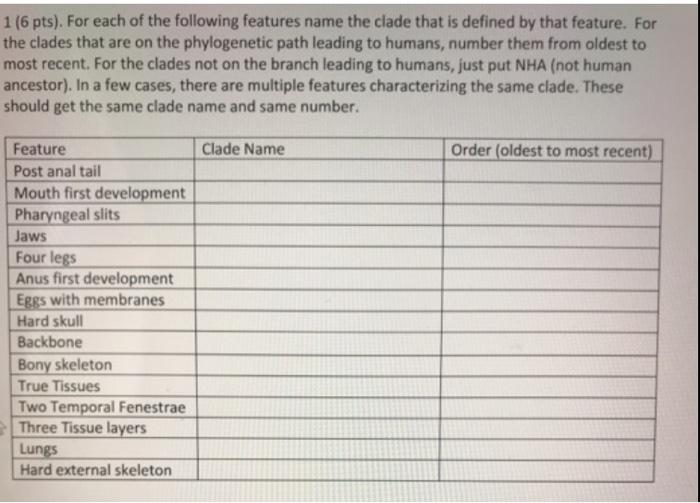 Solved For each of the following features name the clade | Chegg.com