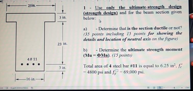 Solved 25in. 1 - Use only the ultimate-strength design | Chegg.com