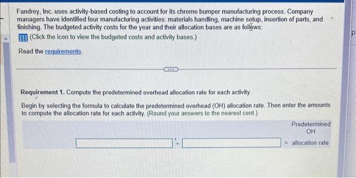 Solved Fandrey, Inc. uses activity-based costing to account | Chegg.com
