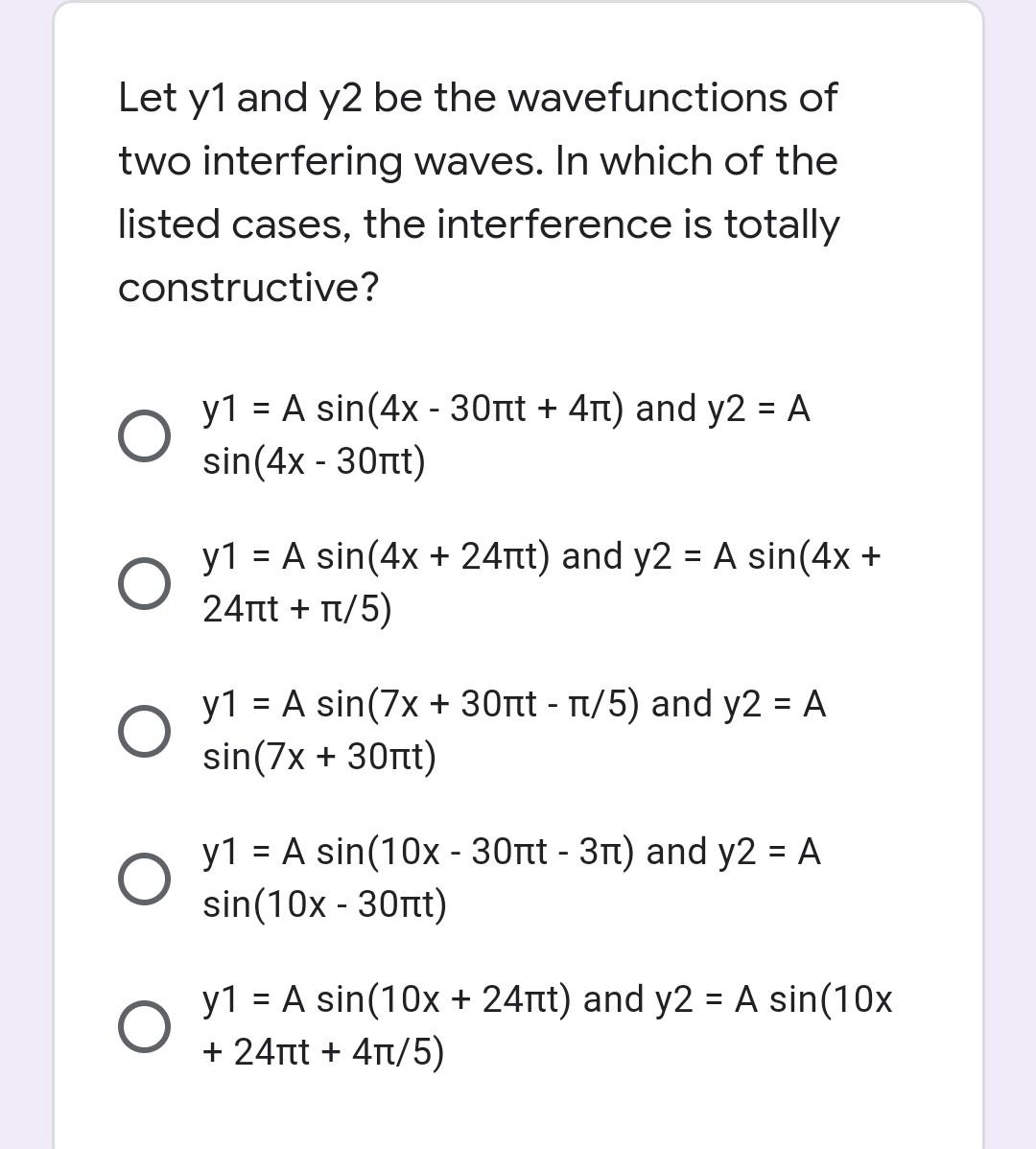 Solved Let y1 and y2 be the wavefunctions of two interfering | Chegg.com