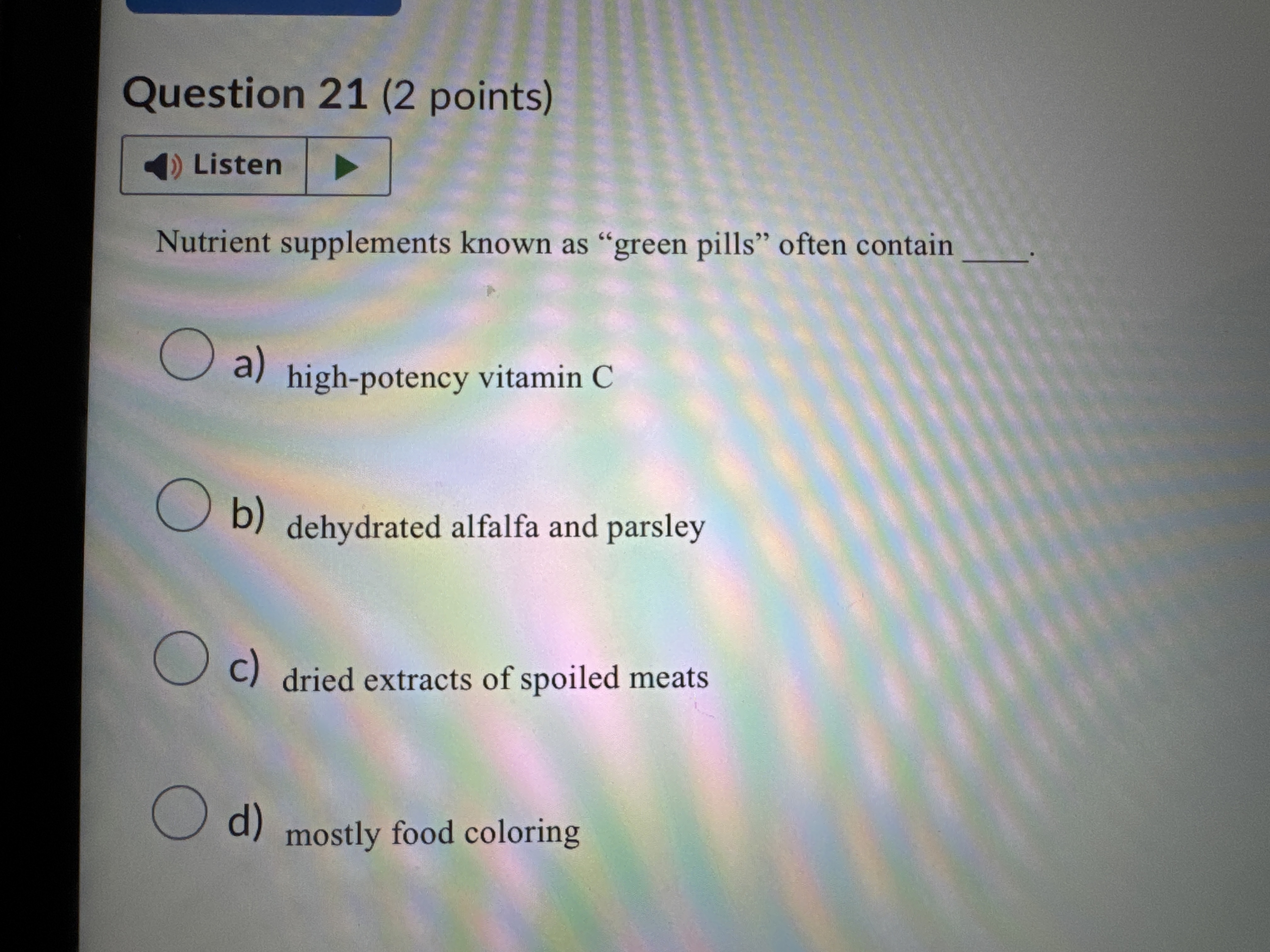 Solved Question 21 (2 ﻿points)Nutrient supplements known as | Chegg.com