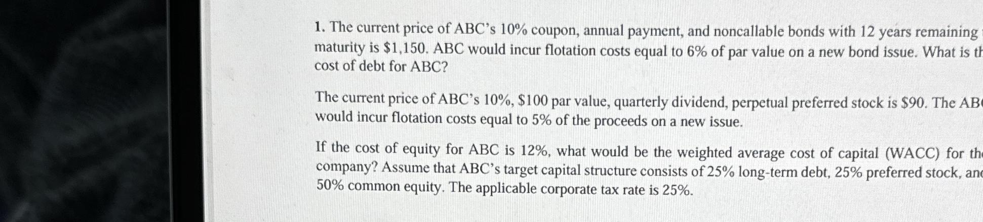 Solved The current price of ABC's 10% ﻿coupon, annual | Chegg.com