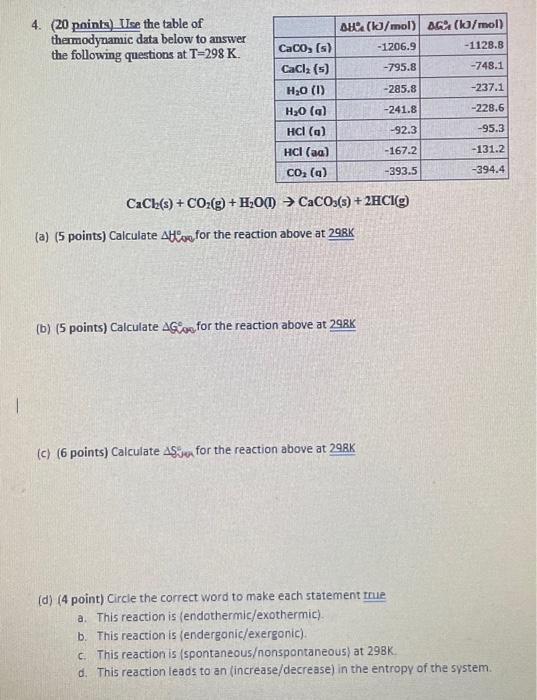 Solved 4. (20 points) Use the table of thermodynamic data | Chegg.com Solved 4. (20 points) Use the table of thermodynamic data | Chegg.com