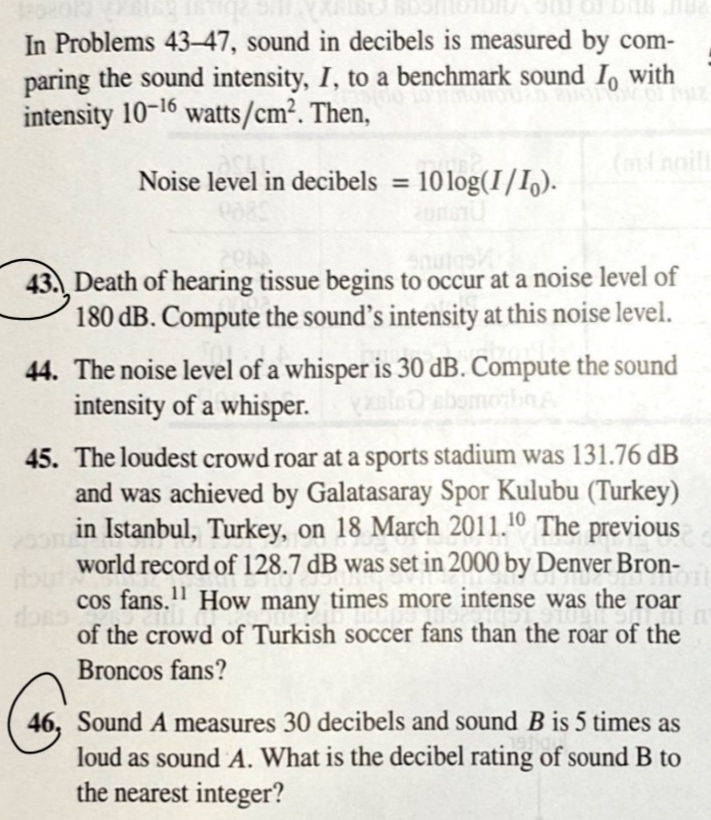 Solved In Problems 43-47, ﻿sound in decibels is measured by | Chegg.com