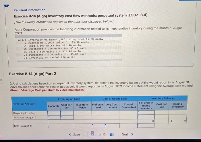 Solved Required information Exercise 8-14 (Algo) Inventory | Chegg.com